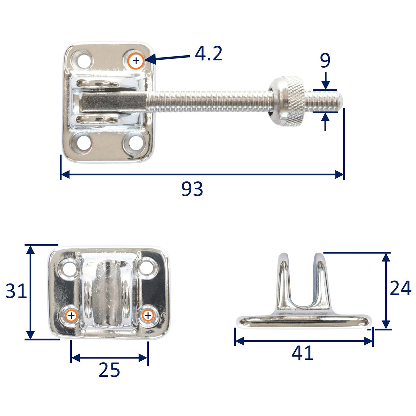 Screw Down Hatch Fastener, Chrome Plated Brass, Length 93mm - Boat Fittings