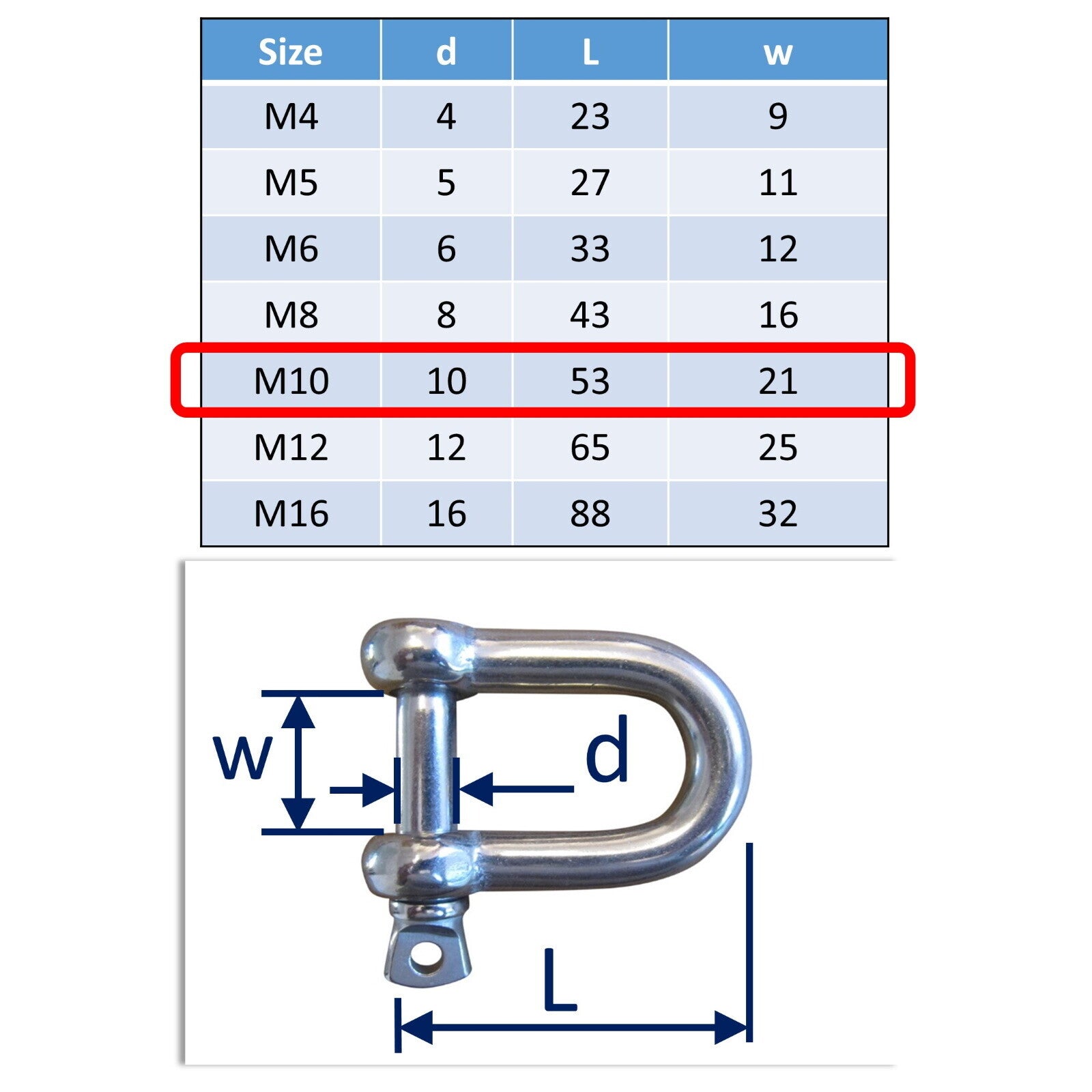 Stainless Steel D-Shackles - 316 Grade Stainless - M10 - Boat Fittings