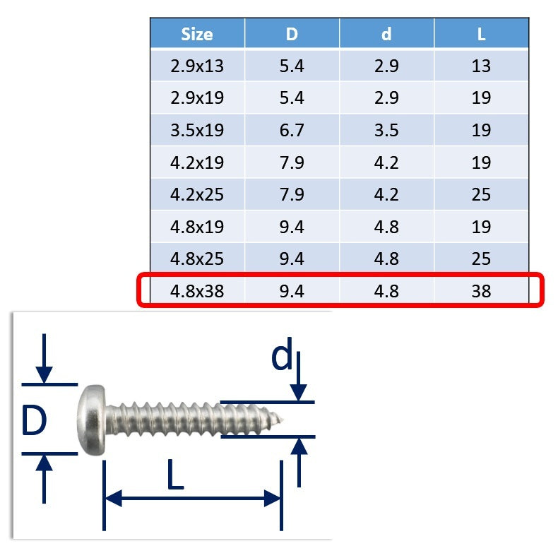 A4 Stainless Steel Self Tapping Screws - Posi-Pan - 4.8x38 - Boat Fittings