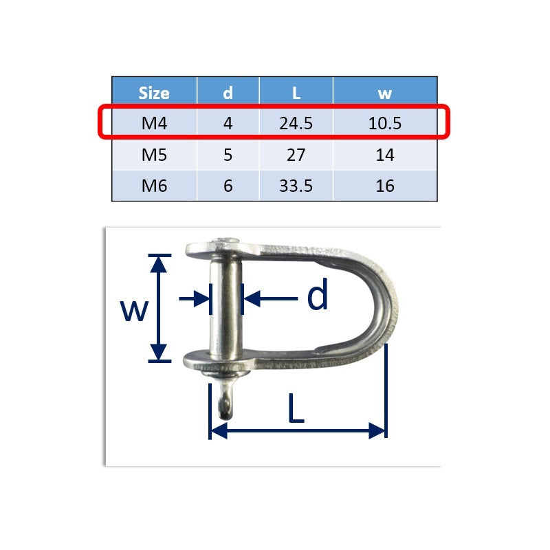 Flat Shackles - 316 Stainless Steel - Sizes M4. M5 & M6 - Boat Fittings
