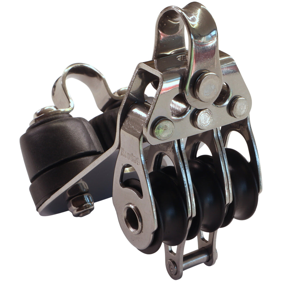 Triple Fixed Pulley Block With Cam Cleat & Becket, 316 Stainless Side ...