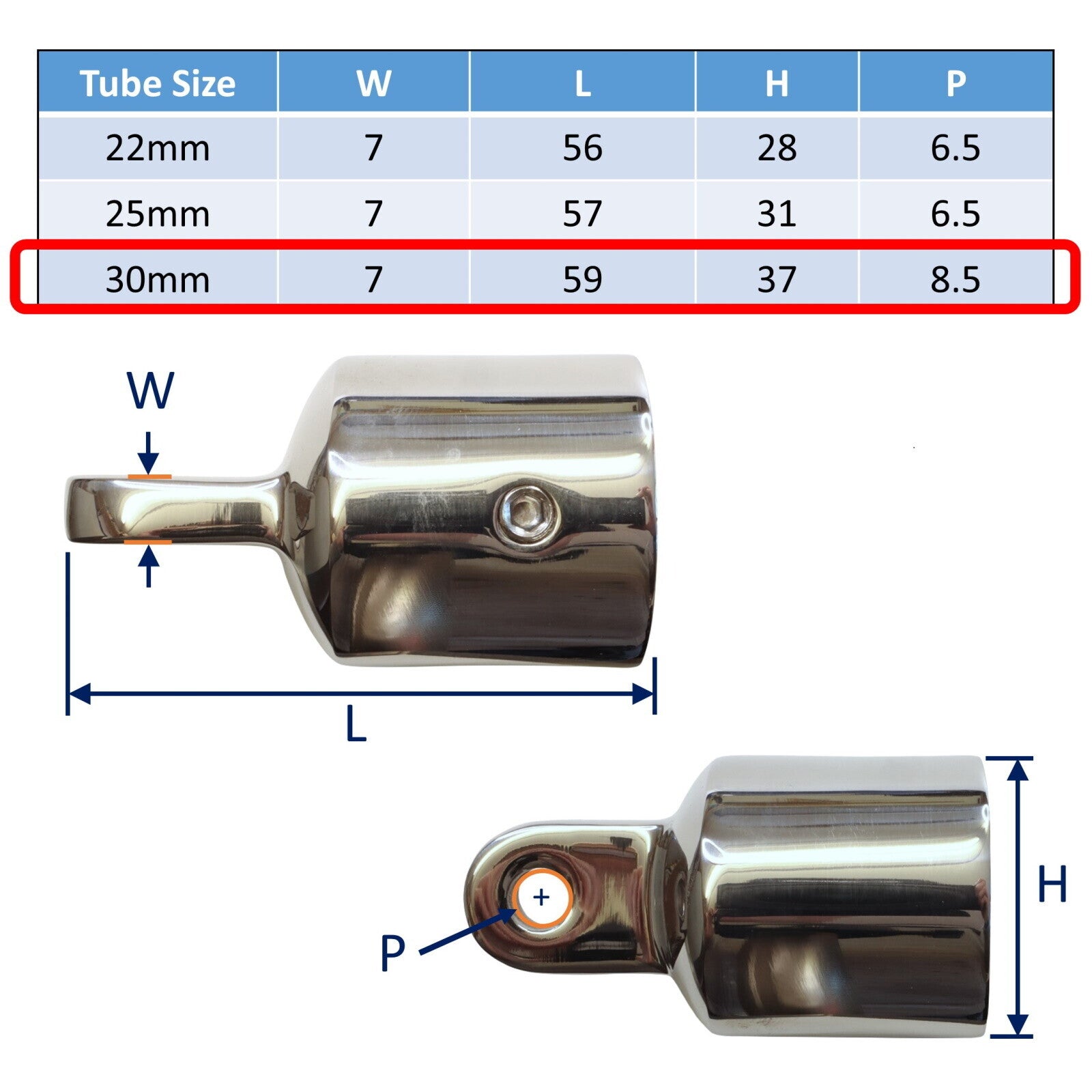 Tube End Cap With Mounting Hole - For 22mm or 25mm Tube - 316 Stainles ...