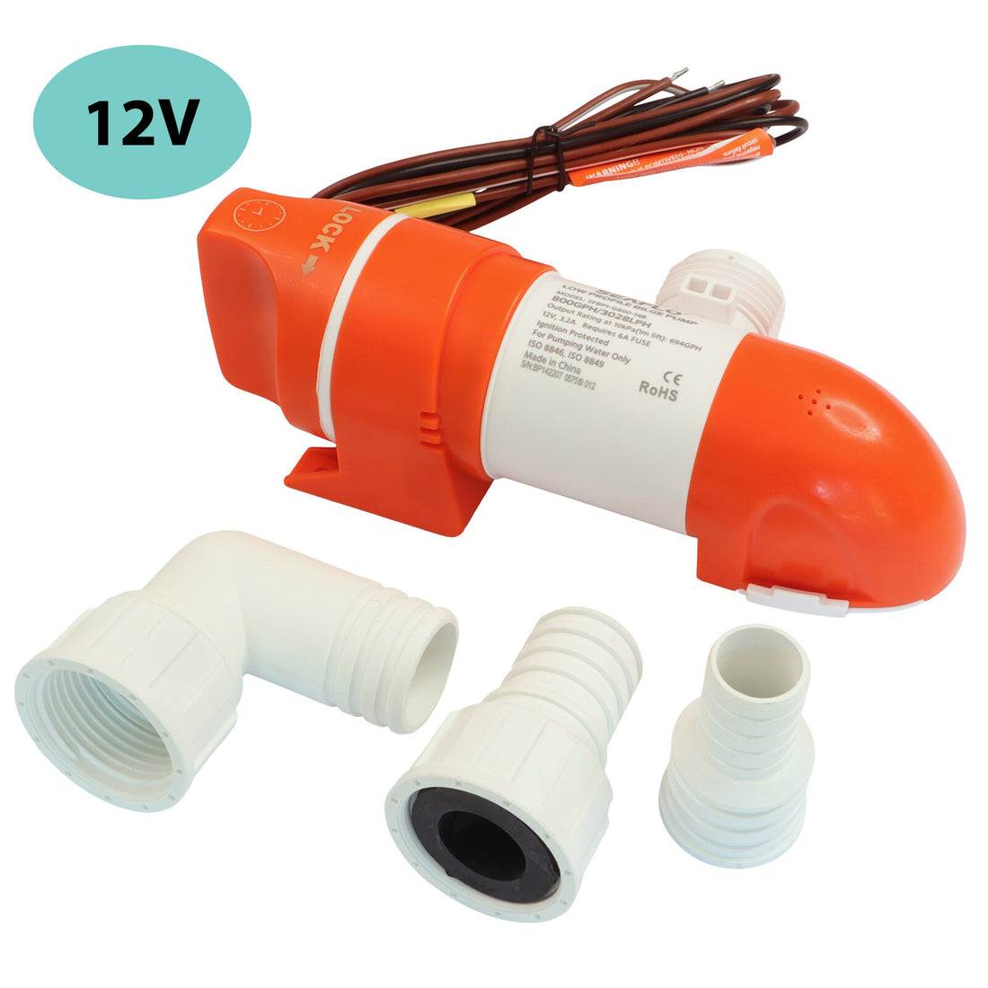 12V SEAFLO 800 GPH Low Profile Automatic Bilge Pump - Outlet & Pump Bo ...