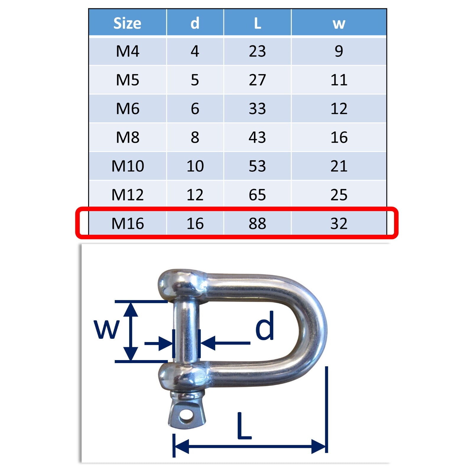 Stainless Steel D-Shackles - 316 Grade Stainless - M16 - Boat Fittings
